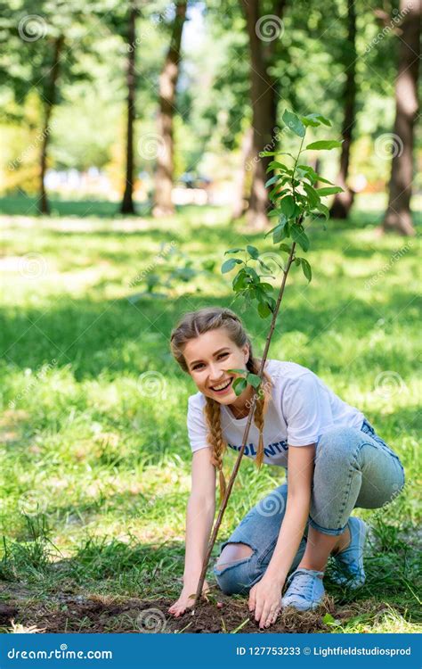 Smiling Beautiful Volunteer Planting New Tree Stock Image Image Of