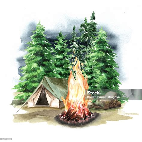 Api Unggun Dan Tenda Pendakian Di Hutan Konsep Camping Ilustrasi Cat