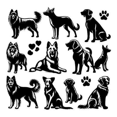 白い背景に隔離された犬のシルエットのセット ベクトルイラスト Premium Ai生成ベクトル画像
