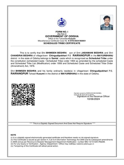 Schedule Tribe Certificate Pdf