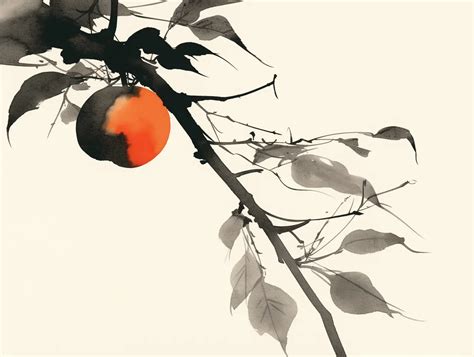 秋の水墨画「葉影に揺れる柿の実」｜イラスト・フリー素材なら「シンテリ」