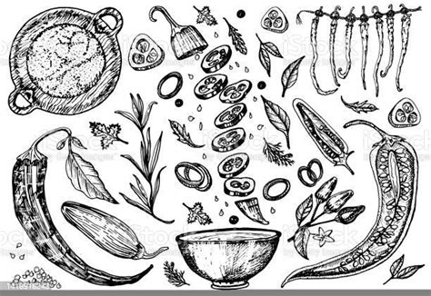 빈티지 스타일의 붉은 고추 샐러드 재료 농장 야채 벡터 일러스트레이션 손으로 그린 복고풍 스케치가 새겨져 있습니다 낙서 스타일 라벨에 대한 스톡 벡터 아트 및 기타 이미지