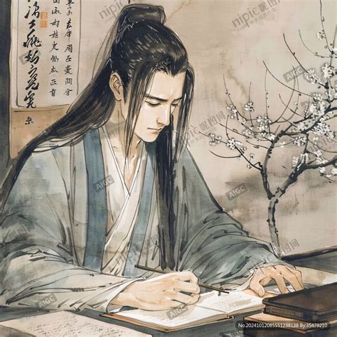 Ai创作图原创手绘古装美男 古装读书人 古典男子插画 手绘书生 古代人物写文章 手绘王维 古代美男子 古代读书人 古风男孩人物 古代皇子读书 历史人物小说插画 古典风格人物插画 抚琴插画 书生