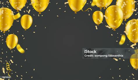 주식 벡터 일러스트 파티 비행 황금과 다양한 색상 현실적인 풍선 초점이 맞지 않는 매크로 효과 플래카드 배너용 템플릿 새해 펑키 장식입니다 힙스터 시즌 세일 색종이 풍선에