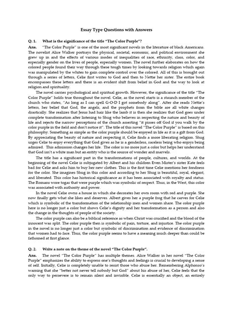 The Color Purple Essay Type Questions With Answers Pdf Narration