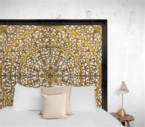 Hand Carved Queen Size Mandala Headboard Rampai Gold Mandala Black