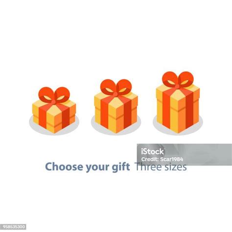 선물 노란 상자 빨간 리본 현재 경품 특별 상 생일의 3 가지 크기 등측투영법에 대한 스톡 벡터 아트 및 기타 이미지 등측투영법 선물 3가지 개체 Istock