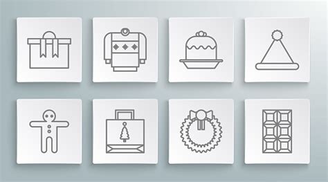 세트 라인 휴일 진저 브레드 남자 쿠키 크리스마스 스웨터 종이 쇼핑백 화 환 초콜릿 바 케이크 산타 클로스 모자 및 선물 상자