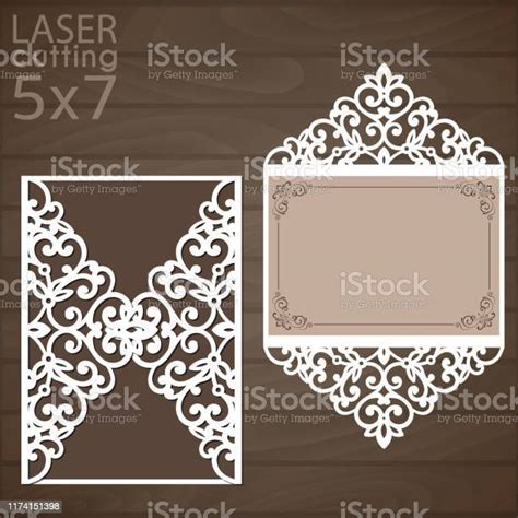 레이저 컷 웨딩 초대 템플릿 벡터입니다 레이저 절단 또는 다이 절단 템플릿을위한 컷 아웃 종이 게이트 접이식 카드 결혼식 초대 장 모형입니다 인사말 카드 초대장 메뉴에