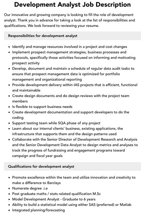 Development Analyst Job Description Velvet Jobs