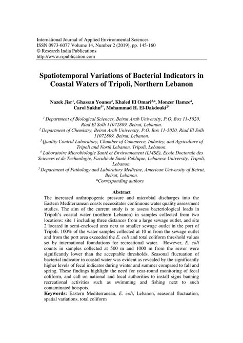 Pdf Spatiotemporal Variations Of Bacterial Indicators In Coastal