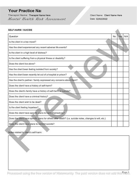 Mental Health Risk Assessment Editable Fillable Pdf For