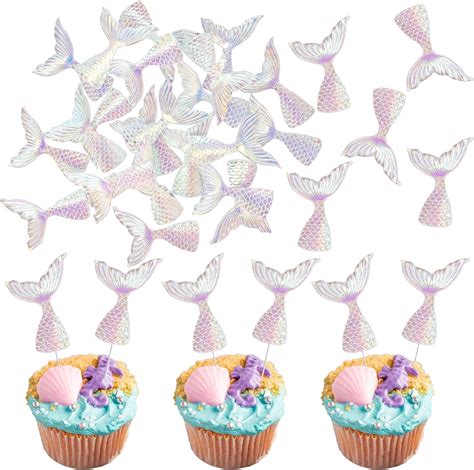 Amazon.com: Ephlyn 24Pcs Mermaid Tail Cake Cupcake Toppers Acrylic Mermaid Cupcake Toppers Mini ...