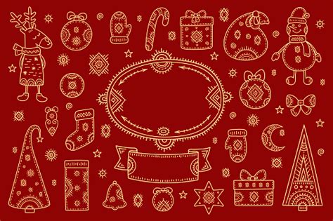 크리스마스와 새해 인사말 휴일 기호로 만든 직사각형 장식 패턴 눈사람 선물 크리스마스 트리 사슴 장갑 공 스타킹 종 눈송이 및 기타 표지판 가방에 대한 스톡 벡터 아트 및