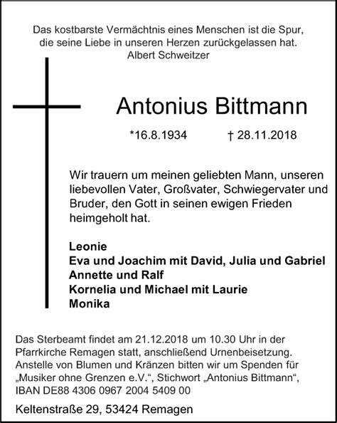 Traueranzeigen Von Antonius Bittmann Rz Trauer De