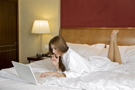 Portrait Of Beautiful Woman With Laptop On Bed Stock Photo Image Of Face Person
