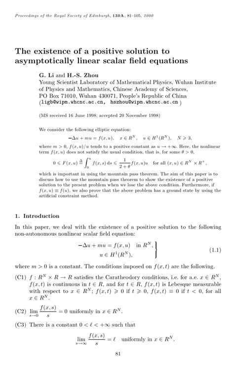 Pdf The Existence Of A Positive Solution To Asymptotically Linear Scalar Field Equations