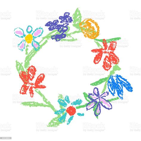 크레용 손 그림 라운드 프레임 다채로운 꽃으로 처럼 재미 있는 화려한 디자인 요소 분필 또는 하위의 스타일 처럼 연필 아이 그린의 크레파스에 대한 스톡 벡터 아트 및 기타