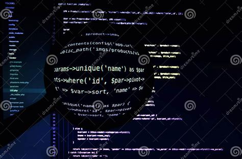 Php Code Under Magnifier Light Code On The Dark Blue Background Stock