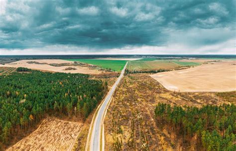 Aerial View Of Highway Road Through Deforestation Area Landscape Green