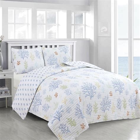 Freshfolds Blue Reversible Coral Themed Twin Microfiber 2 Piece Quilt