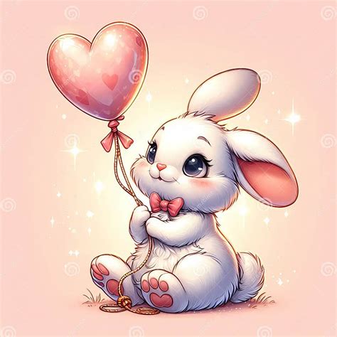 A Cute Bunny With A Heart Shaped Balloon Expressive Face Romance
