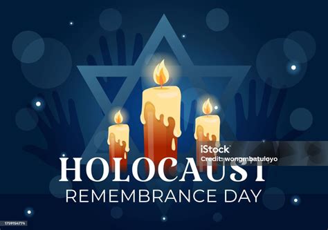 국제 홀로코스트 현충일 벡터 일러스트 레이 션 1월 27일 노란색 별과 촛불 평면 배경에서 희생자를 기념하기 위해 Holocaust에 대한 스톡 벡터 아트 및 기타 이미지