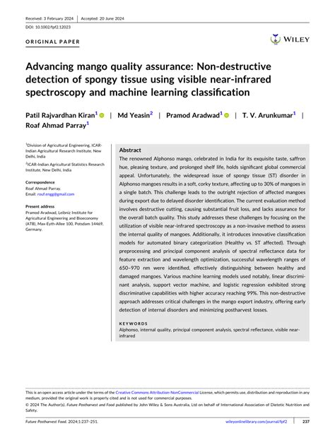 Pdf Advancing Mango Quality Assurance Non‐destructive Detection Of Spongy Tissue Using