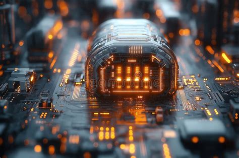 Exploring The Intricate Design Of A Futuristic Circuit Board With Glowing Components Stock