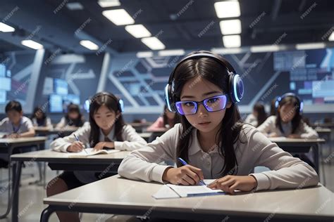 Premium Ai Image The Future Of Homework Virtual Assignments In Futuristic Classrooms
