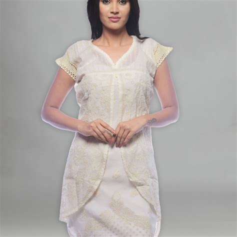 Seva Chikan Hand Embroidered Lemon Cotton Lucknowi Chikan Kurti Scl029