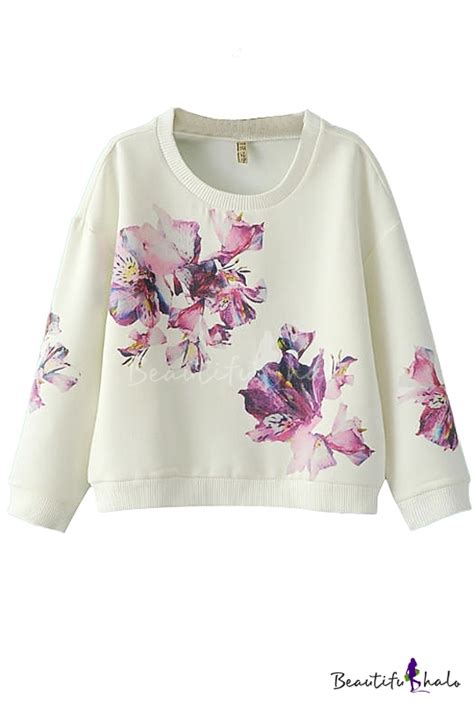 White Floral Print Long Sleeve Round Neck Sweatshirt