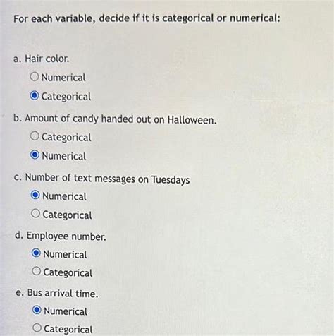Answered For Each Variable Decide If It Is Categorical Or Numerical A