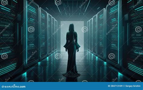 Female It Specialist Uses Tablet In Data Center Server Farm Cloud