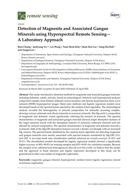 Pdf Detection Of Magnesite And Associated Gangue Minerals Using Hyperspectral Remote Sensing—a