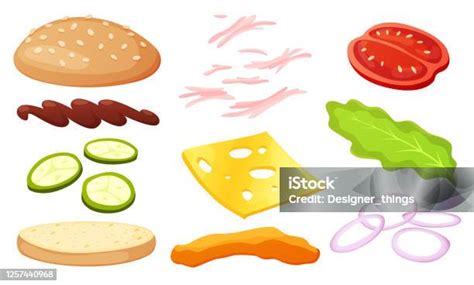햄버거 재료 Diy 컬렉션 자신의 햄버거와 샌드위치를 구축하기위한 고립 된 재료 세트 햄버거를 위한 얇게 썬 채소 소스 롤빵 커틀릿 벡터 버거 메이커 Diy에 대한 스톡