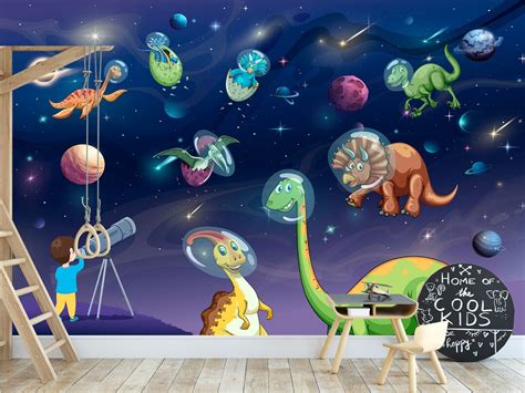 Space Dino Wallpaper Nursery Peel Stick Dinosaur Wall Mural Removable Starry Night Wallpaper