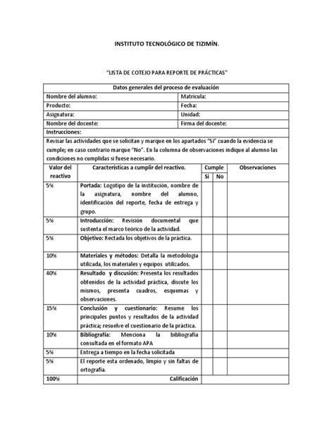 Lista De Cotejo Para Reporte De Prácticas De Laboratorio Pdf
