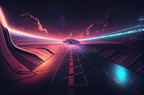 Race Track At Night With Glowing Neon Lights And Stars In The Background Stock Illustration