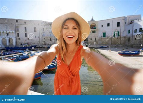 Selfie Girl In Southern Italy Young Tourist Woman Taking Self Portrait
