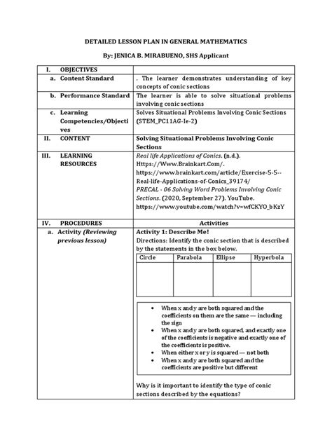 Detailed Lesson Plan In General Mathematics Pdf Ellipse Geometry