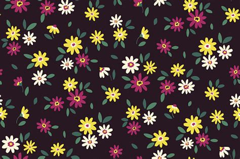 暗い黒い背景にシームレスな花柄小さなかわいいデイジーの花を持つ自由のディッシーベクターイラスト イラストレーションのベクターアート素材や