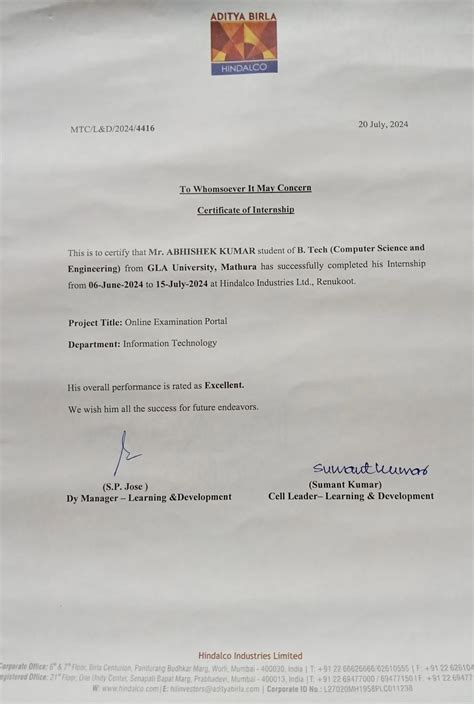 Abhishek Kumar On Linkedin Internship Professionaldevelopment Hindalco Internship