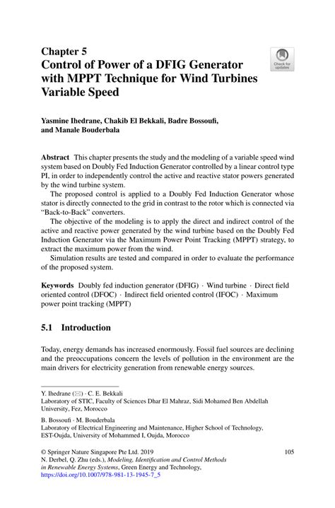 Pdf Control Of Power Of A Dfig Generator With Mppt Technique For Wind