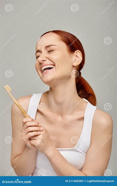 Happy Redhead Woman In Tank Top Stock Image Image Of Bamboo Joyful