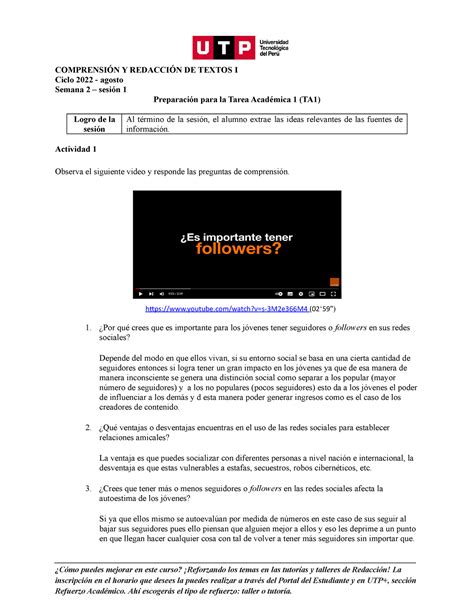 Semana 2 Sesion 1 Grupo 10 ComprensiÓn Y RedacciÓn De Textos I Ciclo