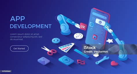 모바일 앱 개발 Ui Ux 디자인 Seo 최적화 적응형 레이아웃 응용 프로그램 스마트폰 화면의 웹 인터페이스 아이소메트릭 랜딩