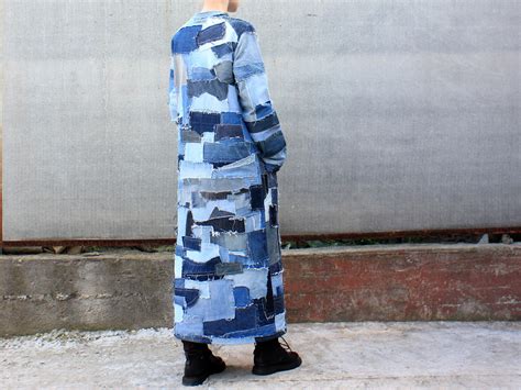 Long Patchwork Denim Coat Shades Of Blue Jeans Overcoat Maxi Etsy