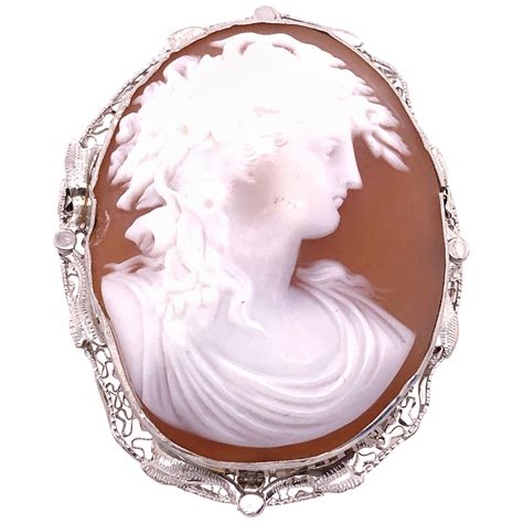 Cameo 14 Karat White Gold Brooch Diamond Pendant For Sale At 1stDibs