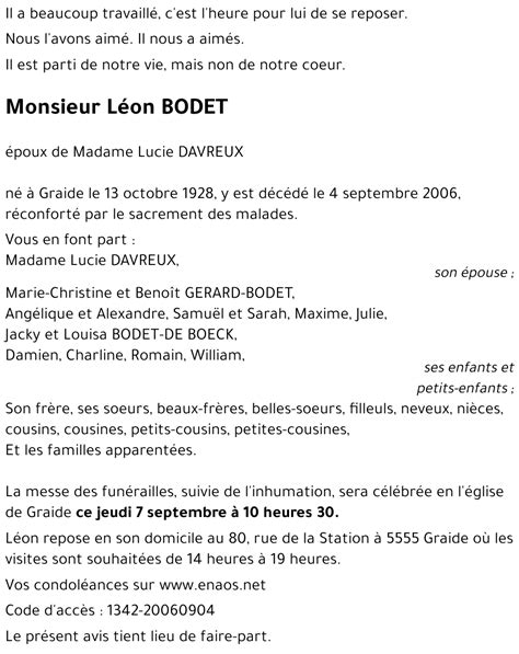 Avis De Décès De Léon Bodet Décédé Le 04092006 à Graide Annonce